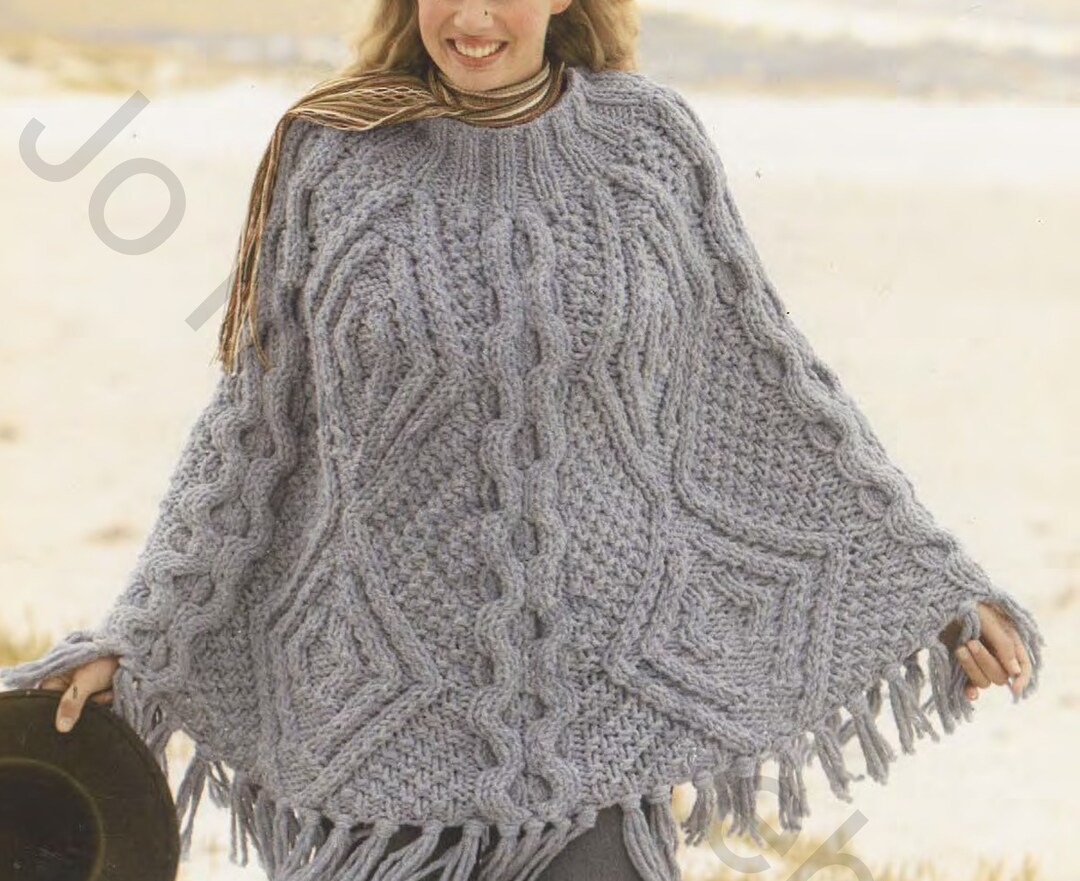 Woman's Knitted Round Neck Super Chunky Cable Poncho- Fringed Design ...