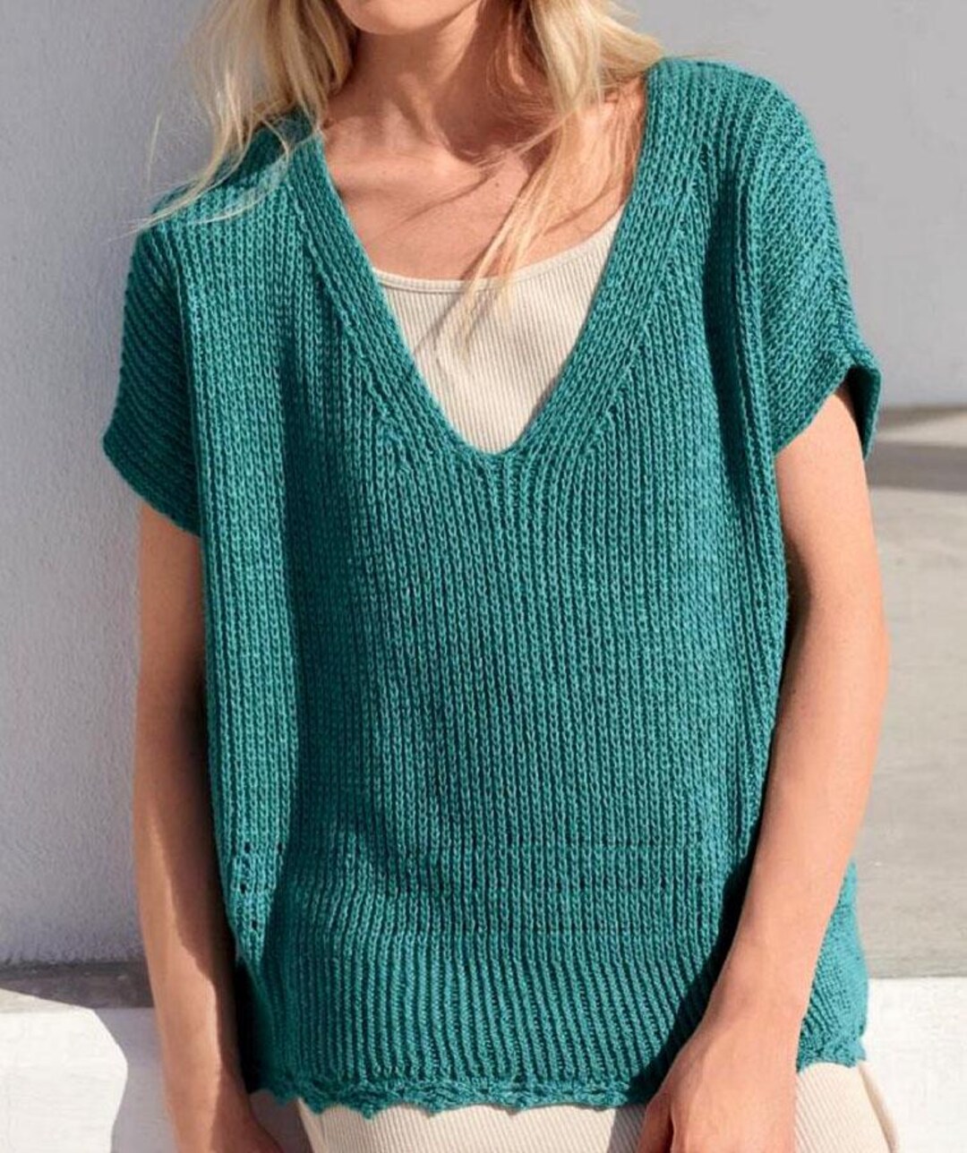 Woman's V Neck Oversize Loose Fit Sleeveless Rib Sweater Vest- Drop ...