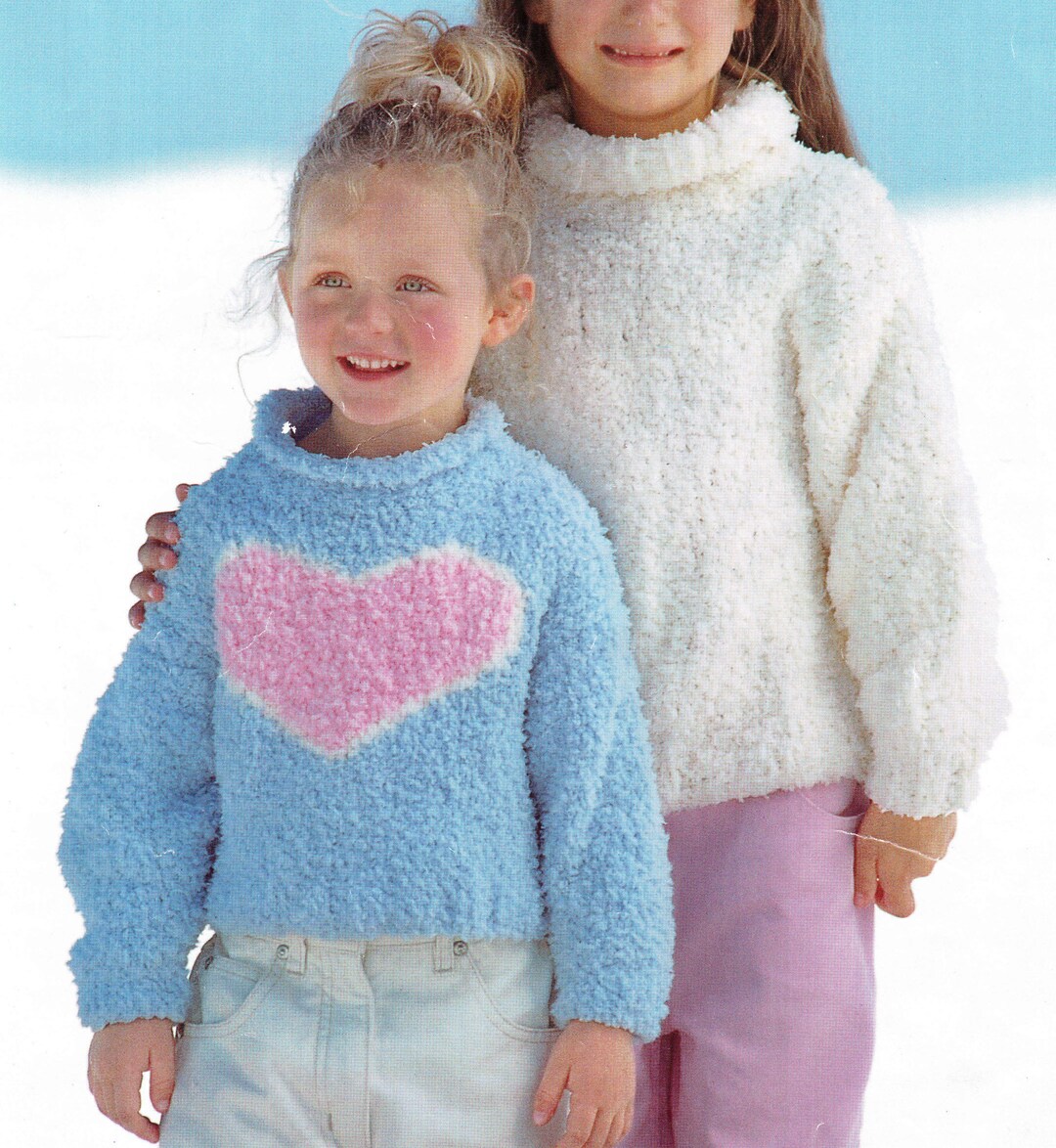 Girls Chunky Easy Knit Hearts- Plain Roll Neck Jumpers Knitting Pattern ...