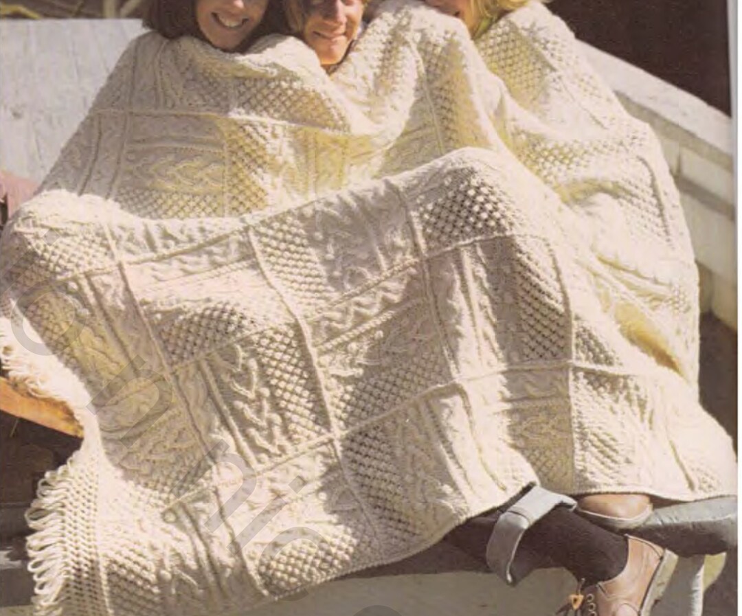 Aran Patchwork Blanket Throw Afghan- Knitted in Squares - Joined ...
