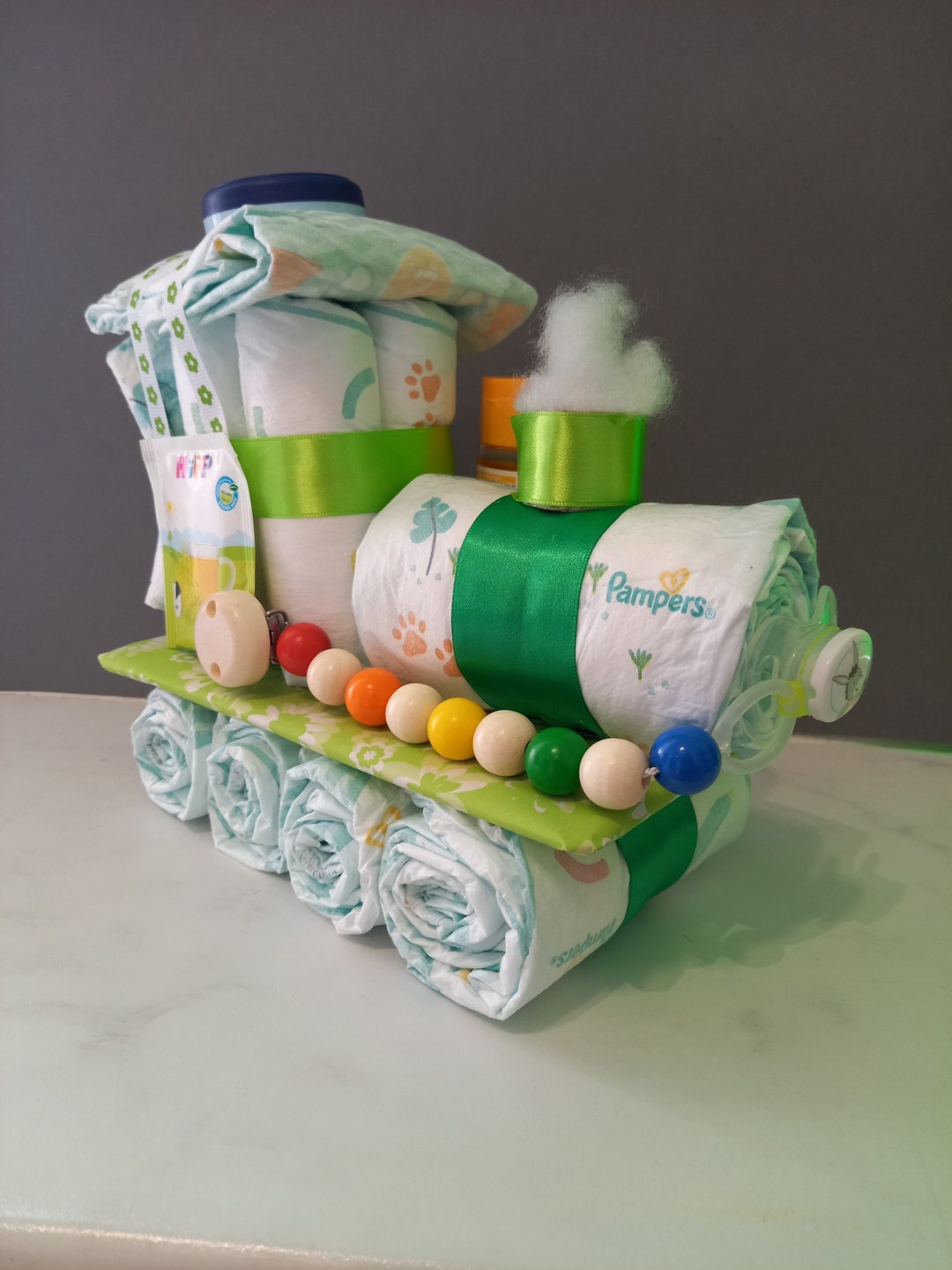 Diaper Cake Diaper Railway Neutral Green Puller Party Girl Boy Dummy ...