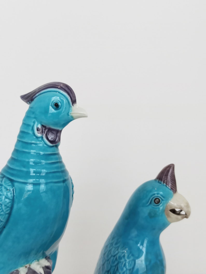 Art Deco Chinese Porcelain Parrot Figurines, Turquoise & Aubergine ...