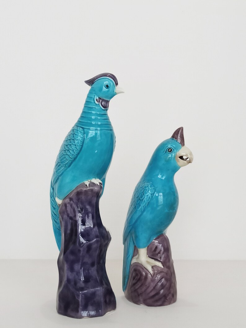 Art Deco Chinese Porcelain Parrot Figurines, Turquoise & Aubergine ...