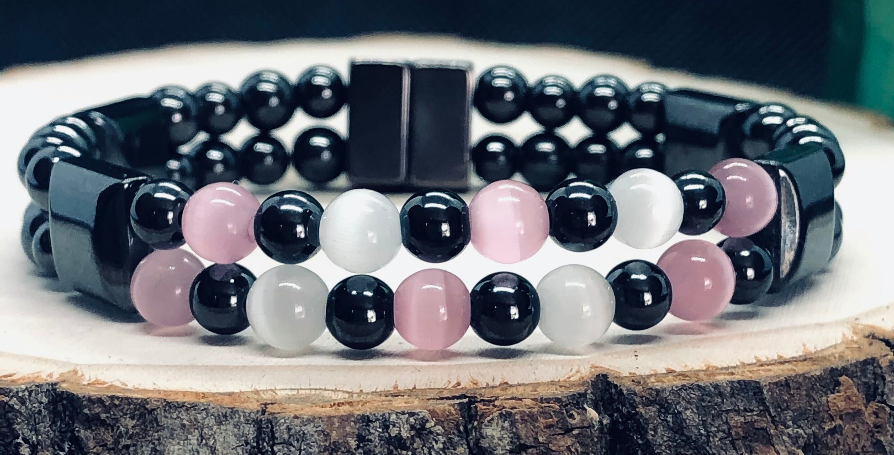 Pink and White Fiber Optic Beads and Black Magnetic Hematite Bracelet ...