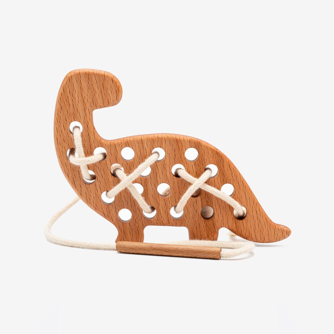 Wooden Lacing Toy With Dinosaur Shape for Toddler, Wood Lacing Beads ...