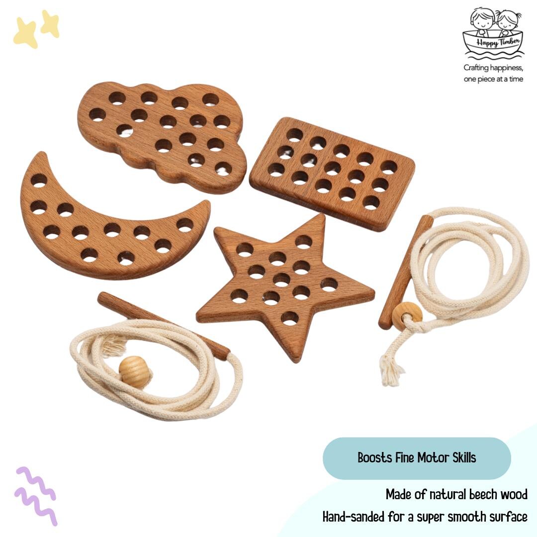 Wooden Lacing Toy: Montessori Fine Motor Skills, Star Moon Cloud ...