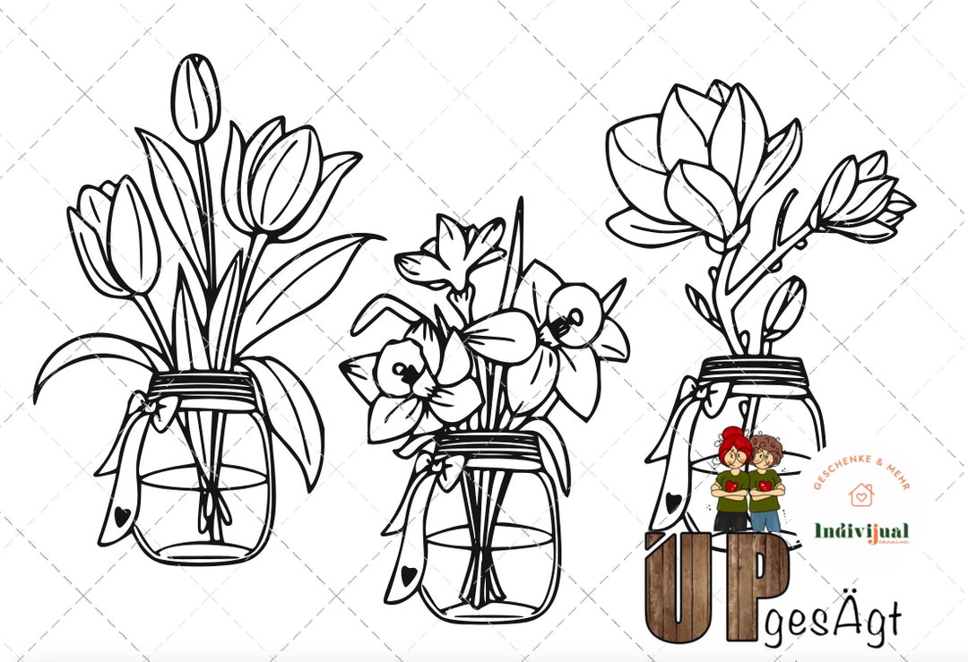 Happy Spring Flower Bulb Flowers Flower Tulips Easter Bells Flower Vase Laser File Plotter File ...
