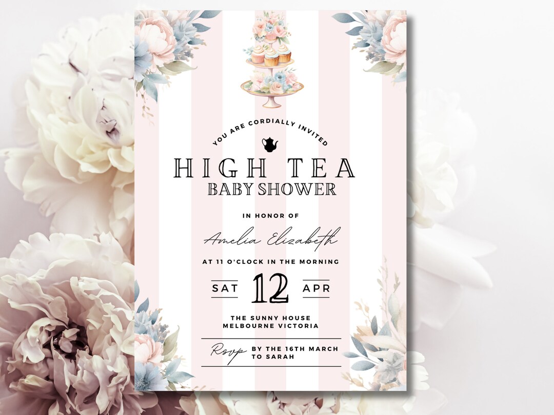 EDITABLE High Tea Baby Shower Invitation - Tea Party Pink Floral Invite ...