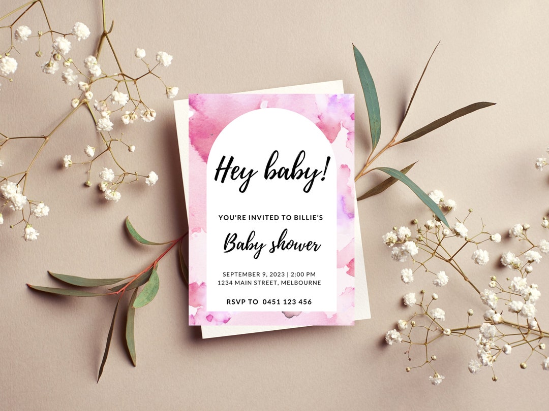 EDITABLE Hey Baby Baby Shower Invitation Pink Watercolour Boho Arch ...