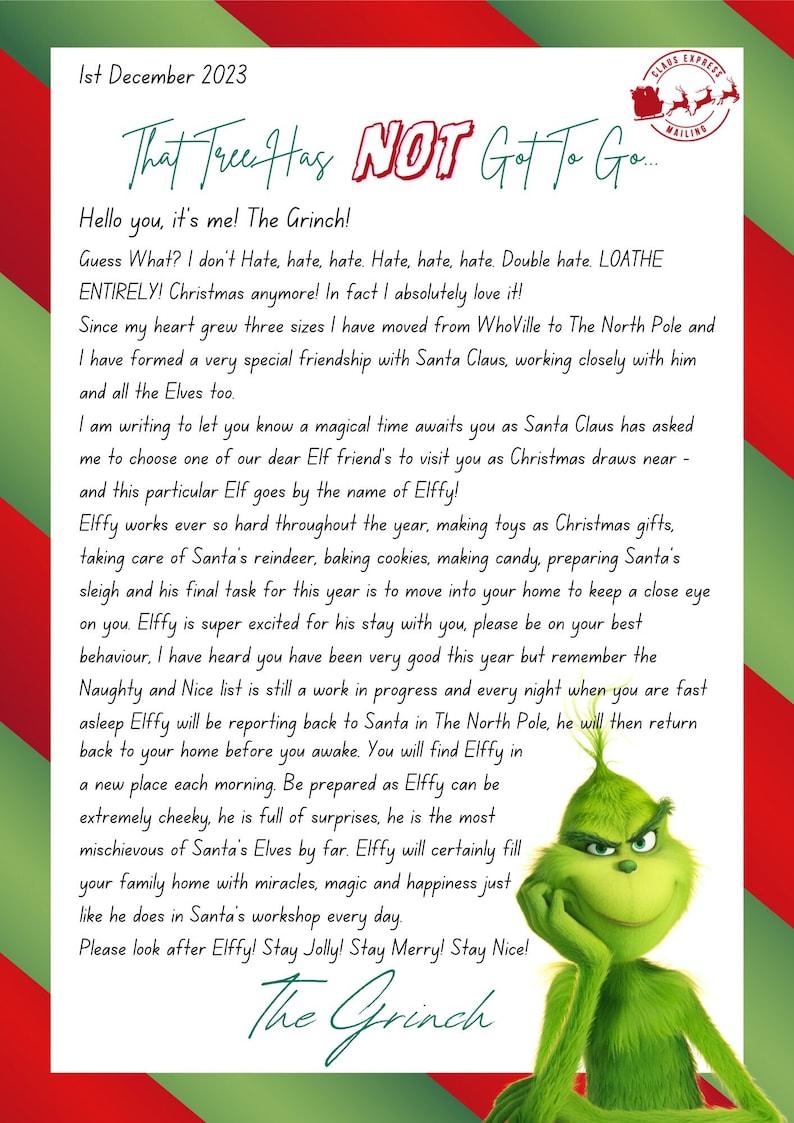A Letter From the Grinch to Child, for Elf Arriving 1st December. - Etsy