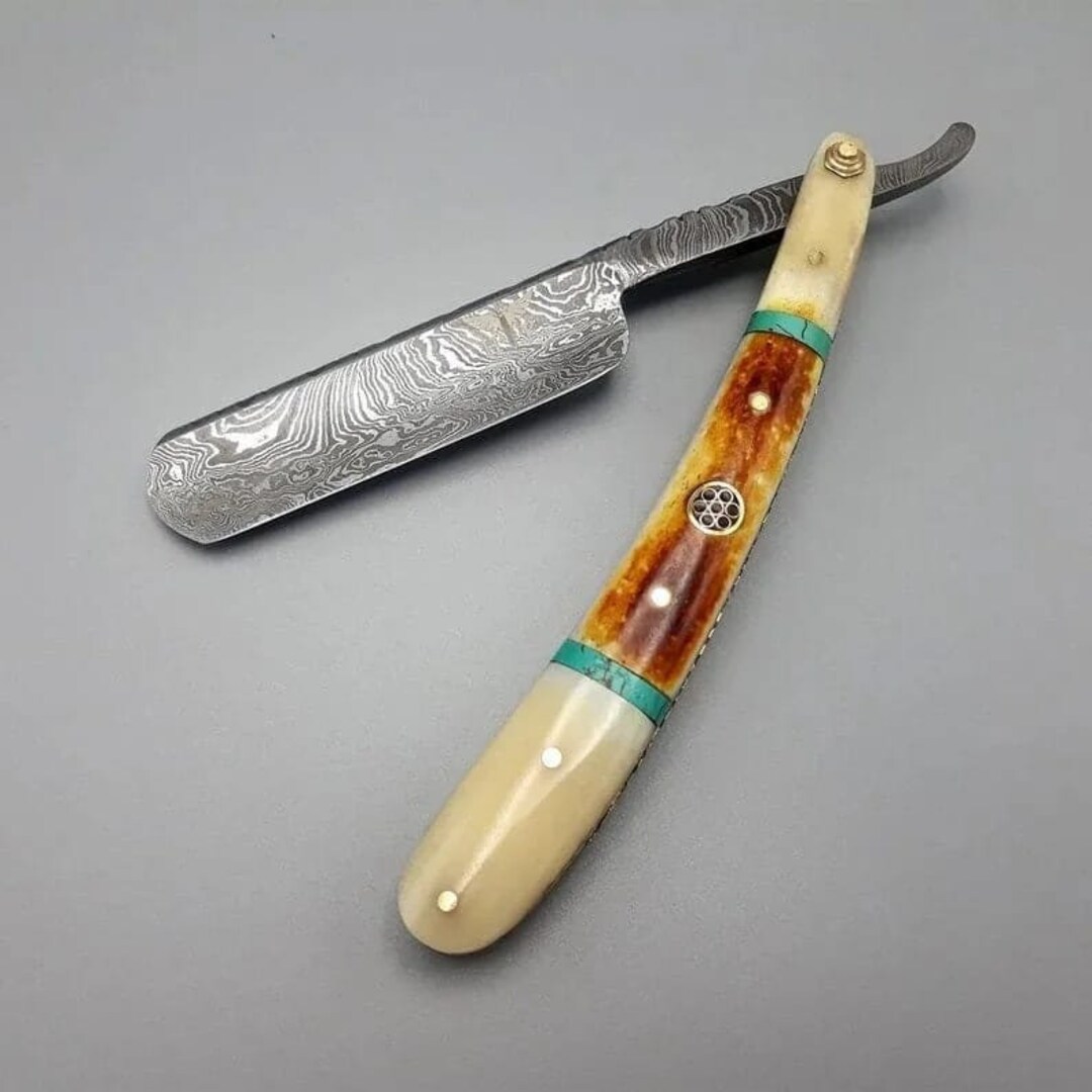 Damascus Straight Razor With Beautiful Bone Handle Included Leather ...