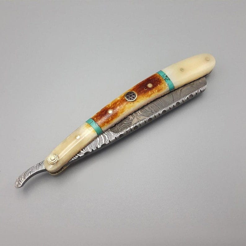 Damascus Straight Razor With Beautiful Bone Handle Included Leather ...