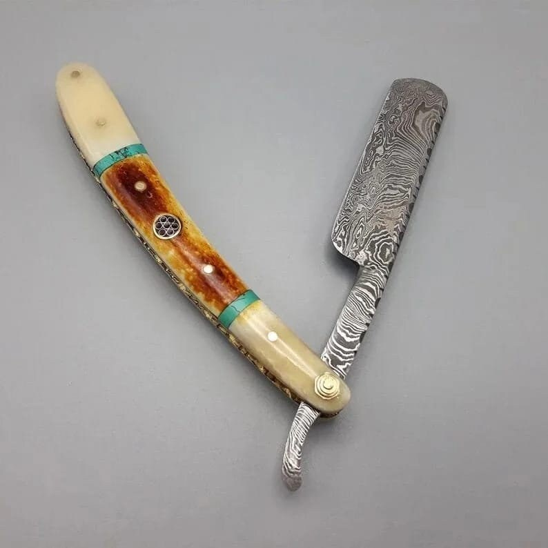 Damascus Straight Razor With Beautiful Bone Handle Included Leather ...