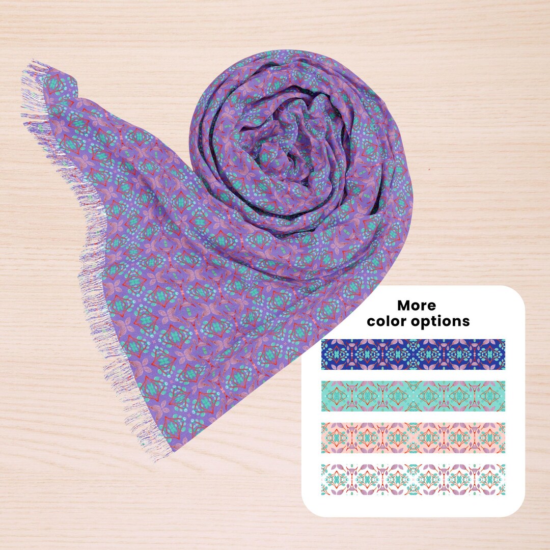 Lilac Green Leaves Scarf, Geometric Boho Designer Scarf, Women Shawl ...