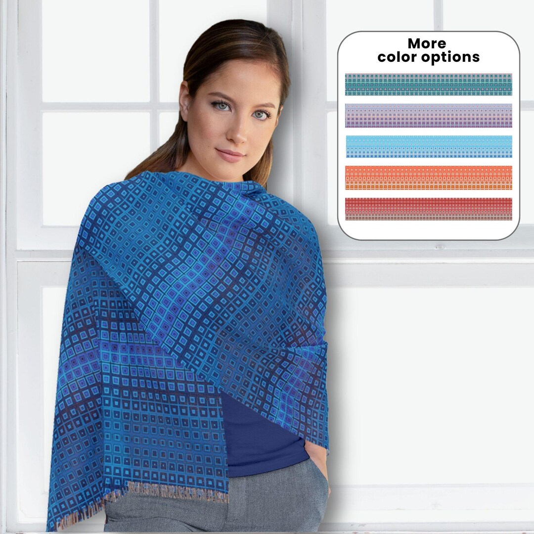 Blue Long Scarf, Light Woman Scarf, Geometric Boho Designer Scarf ...