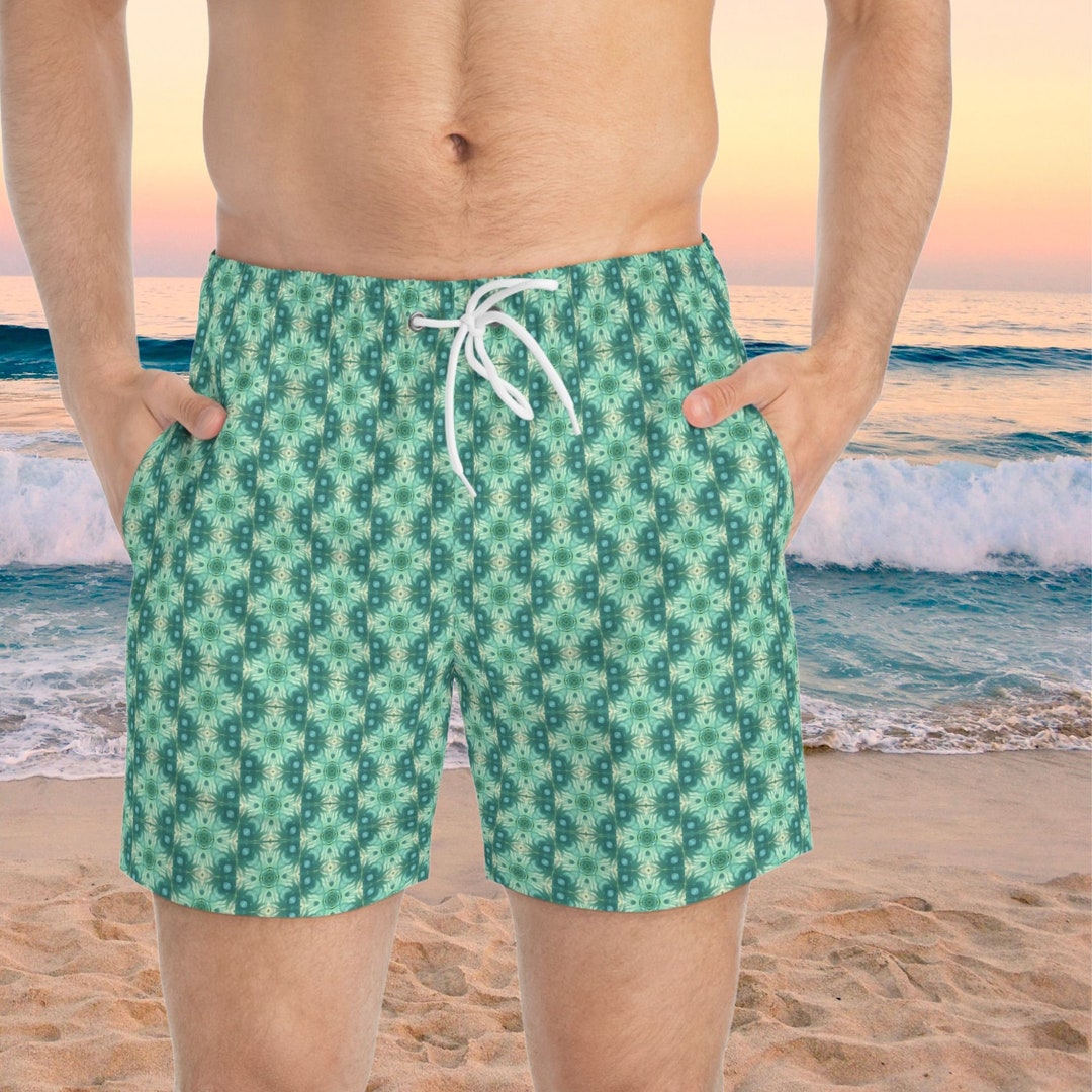 Hawaiian Style Green Quick Dry Man Swim Suit, Mid-length Swimwear for ...