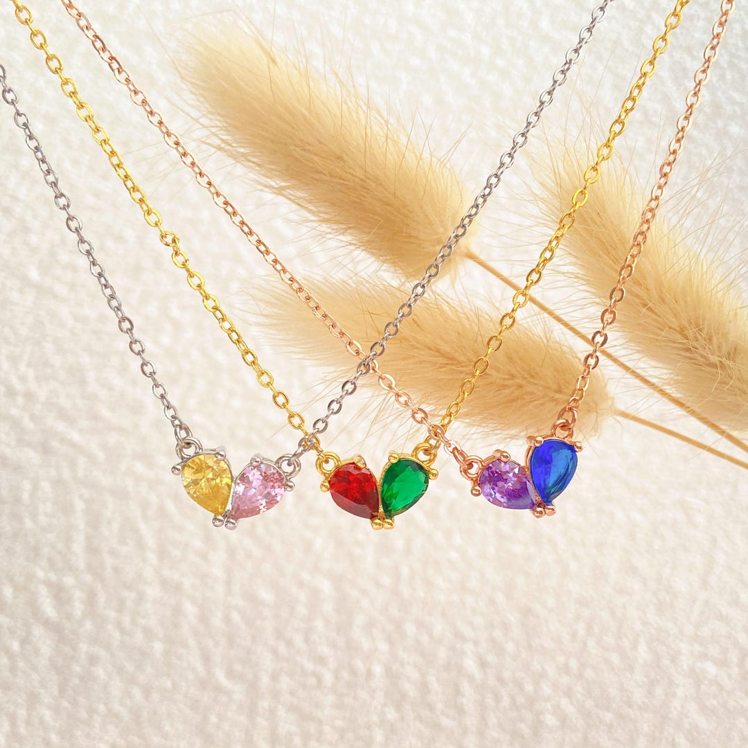 Lovers Birthstone Matching Heart Necklace, 2 Birthstone Necklace, Tiny ...