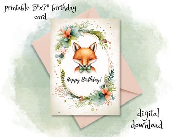 Printable Greeting Card Happy Birthday Wih Watercolor Fox, Printable ...