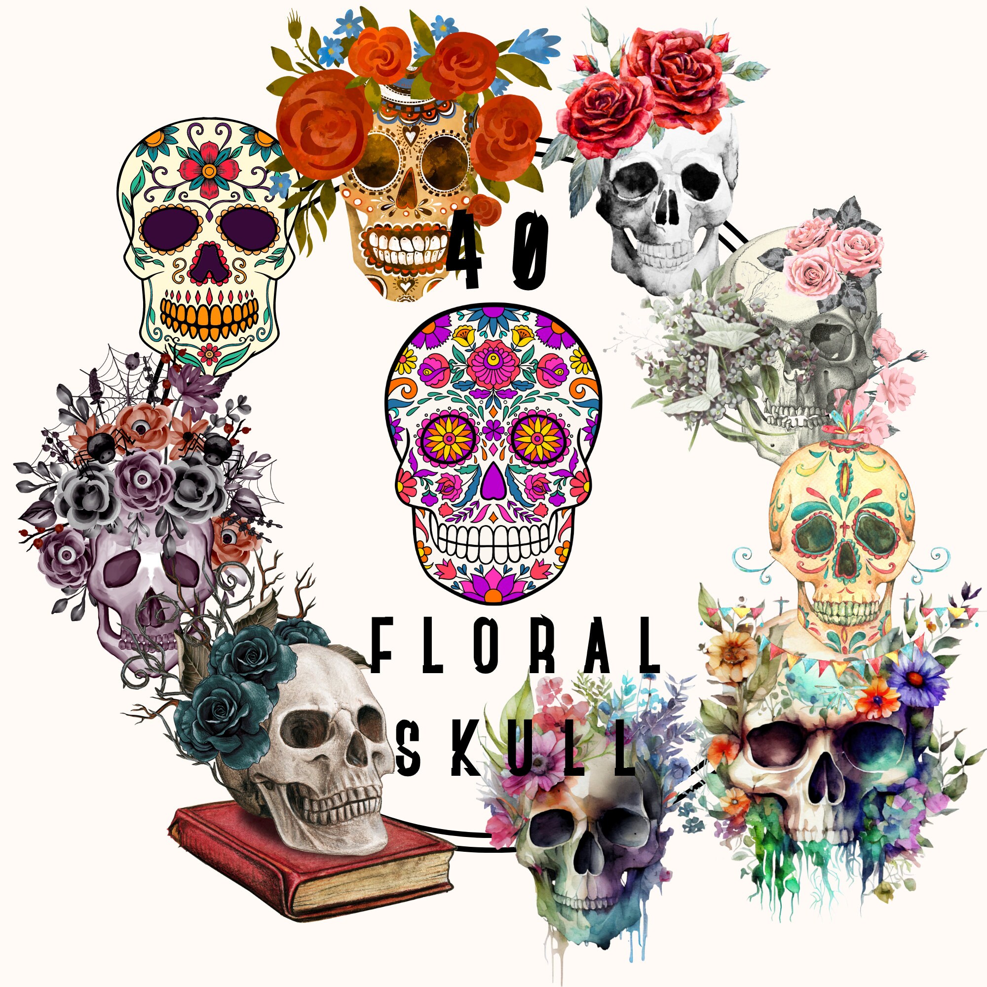 Vintage Floral Skull Clipart, Skull Flowers, Antique Skull Clip Art ...