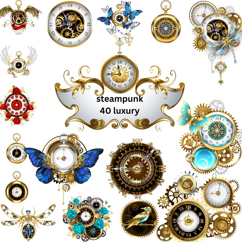 Luxury Vintage Clocks Clipart, Butterflies , Flowers, Antique Steampunk ...
