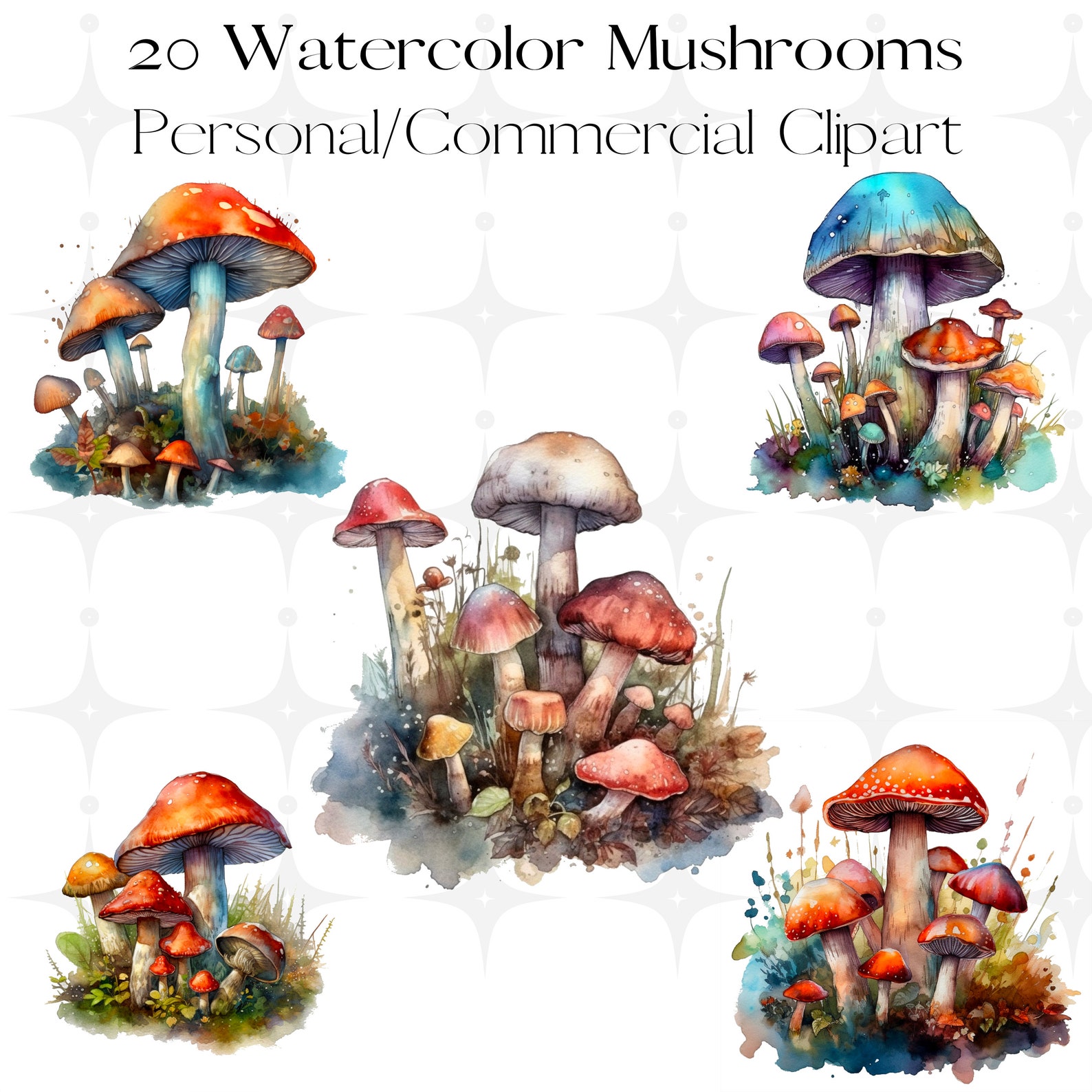 Funky Watercolor Mushroom Clipart for Personal and Commercial Use ...