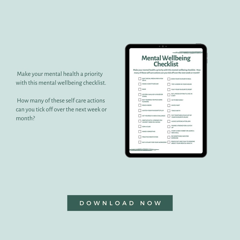 Mental Wellbeing Checklist / Self Care Download Worksheet / Improve ...