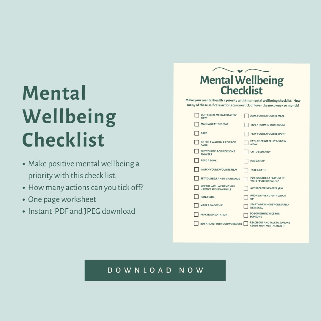 Mental Wellbeing Checklist / Self Care Download Worksheet / Improve ...