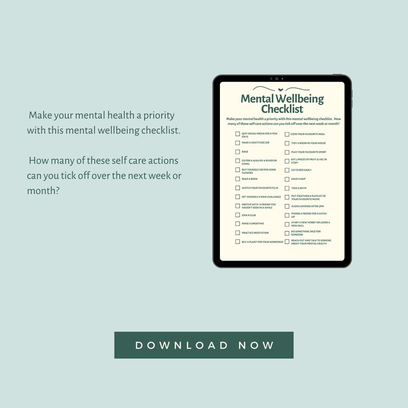 Mental Wellbeing Checklist / Self Care Download Worksheet / Improve ...