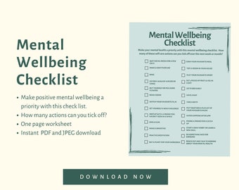 Mental Wellbeing Checklist / Self Care Download Worksheet / Improve ...