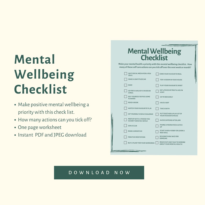 Mental Wellbeing Checklist / Self Care Download Worksheet / - Etsy