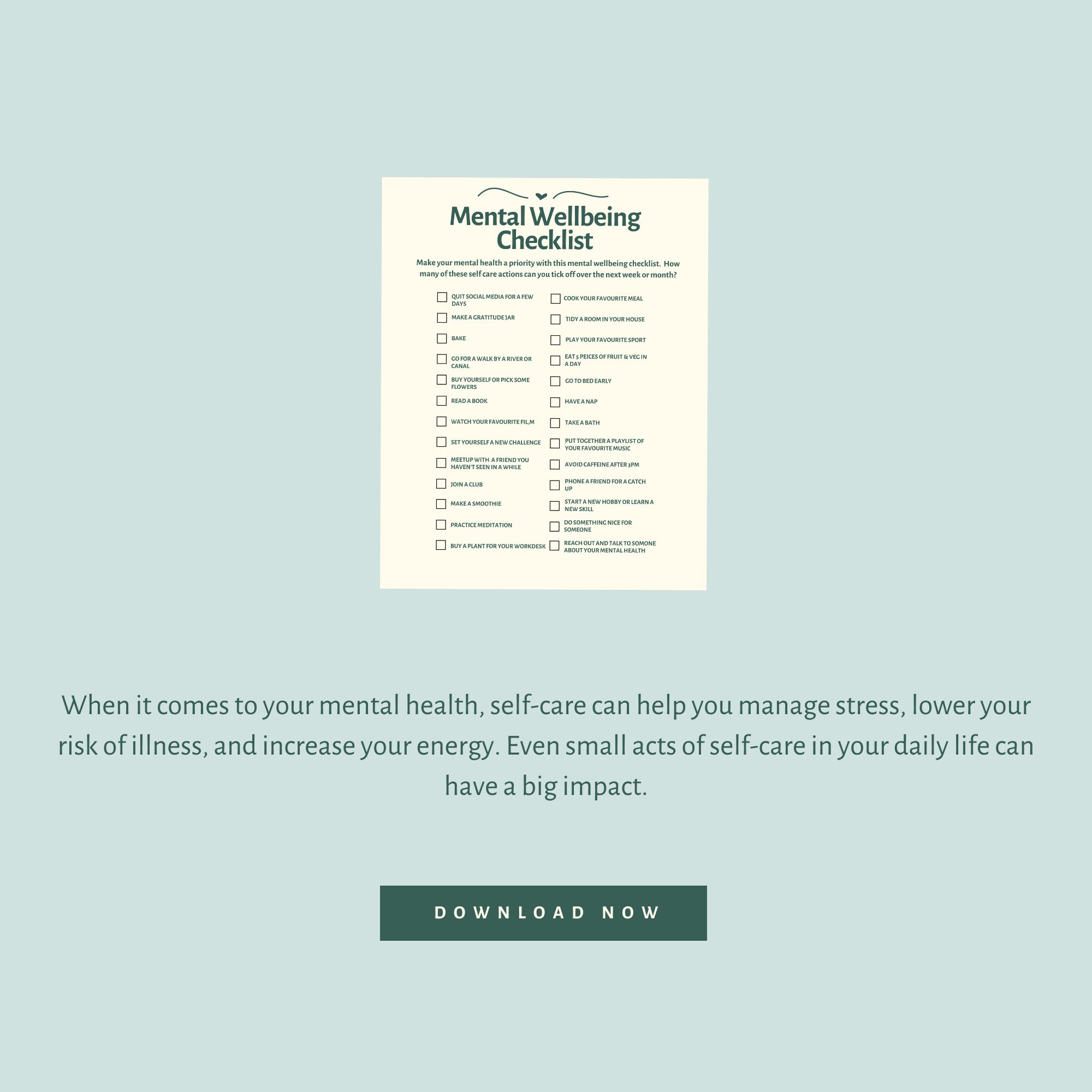 Mental Wellbeing Checklist / Self Care Download Worksheet / Improve ...