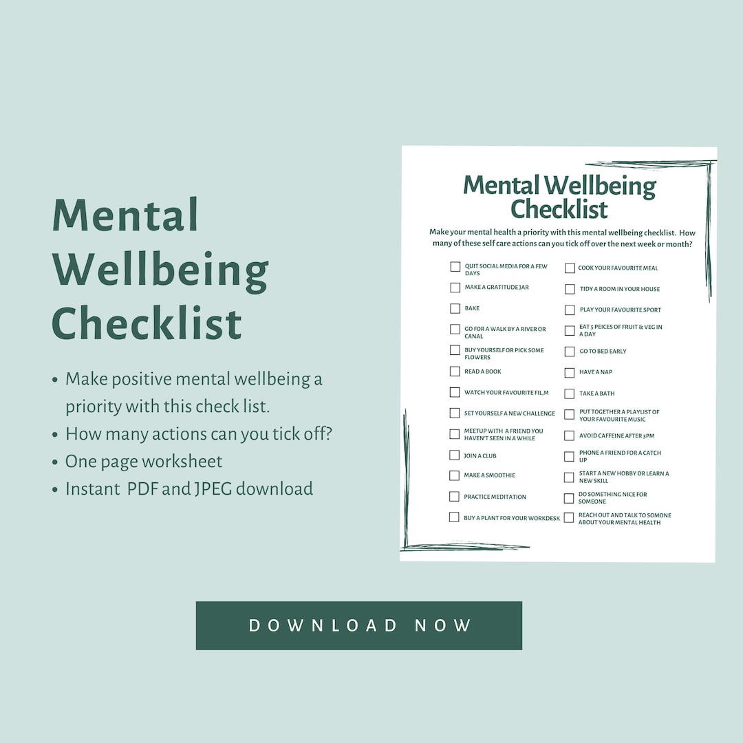 Mental Wellbeing Checklist / Self Care Download Worksheet / Improve ...