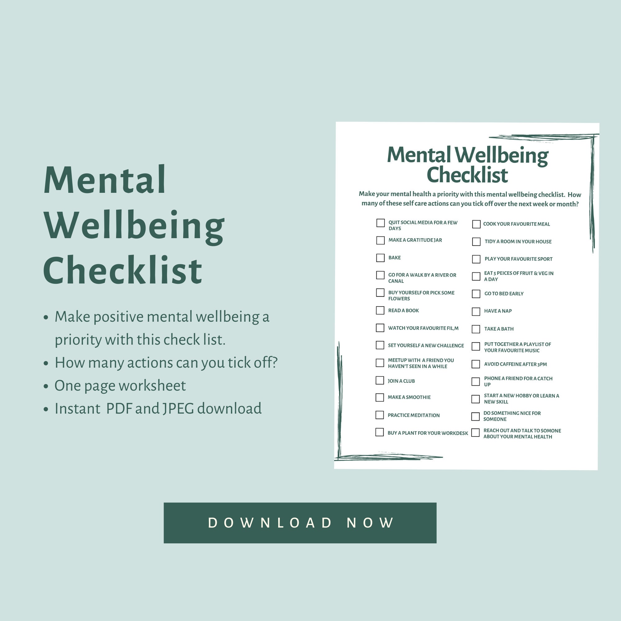Mental Wellbeing Checklist / Self Care Download Worksheet / Improve ...