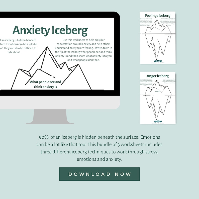 Bundle of Three Iceberg Printable Worksheets, Anger Emotions and Anxiety Iceberg Instant ...
