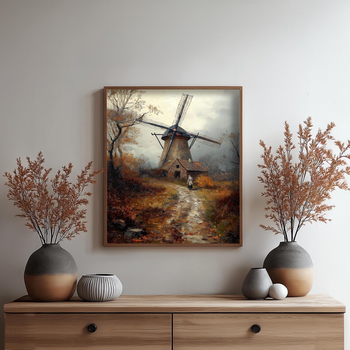 Vintage Windmill Landscape Painting, Autumn Countryside Wall Art Decor ...