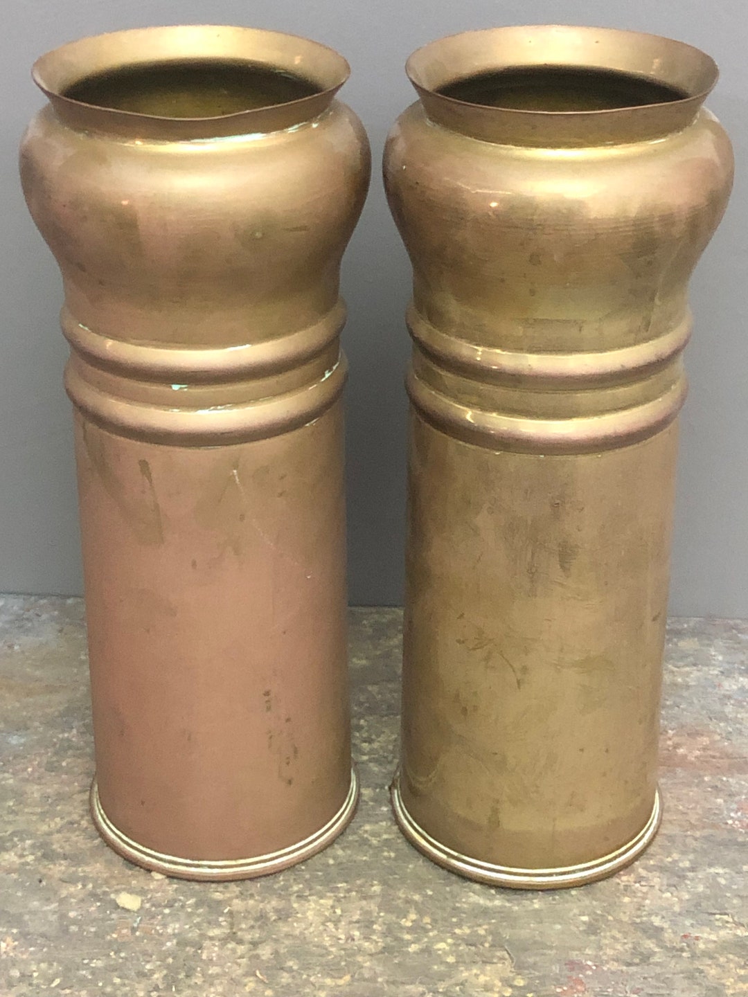 2 Identical Shell Casing Vases Trench Art WW II 1938 and 1941 With Many ...