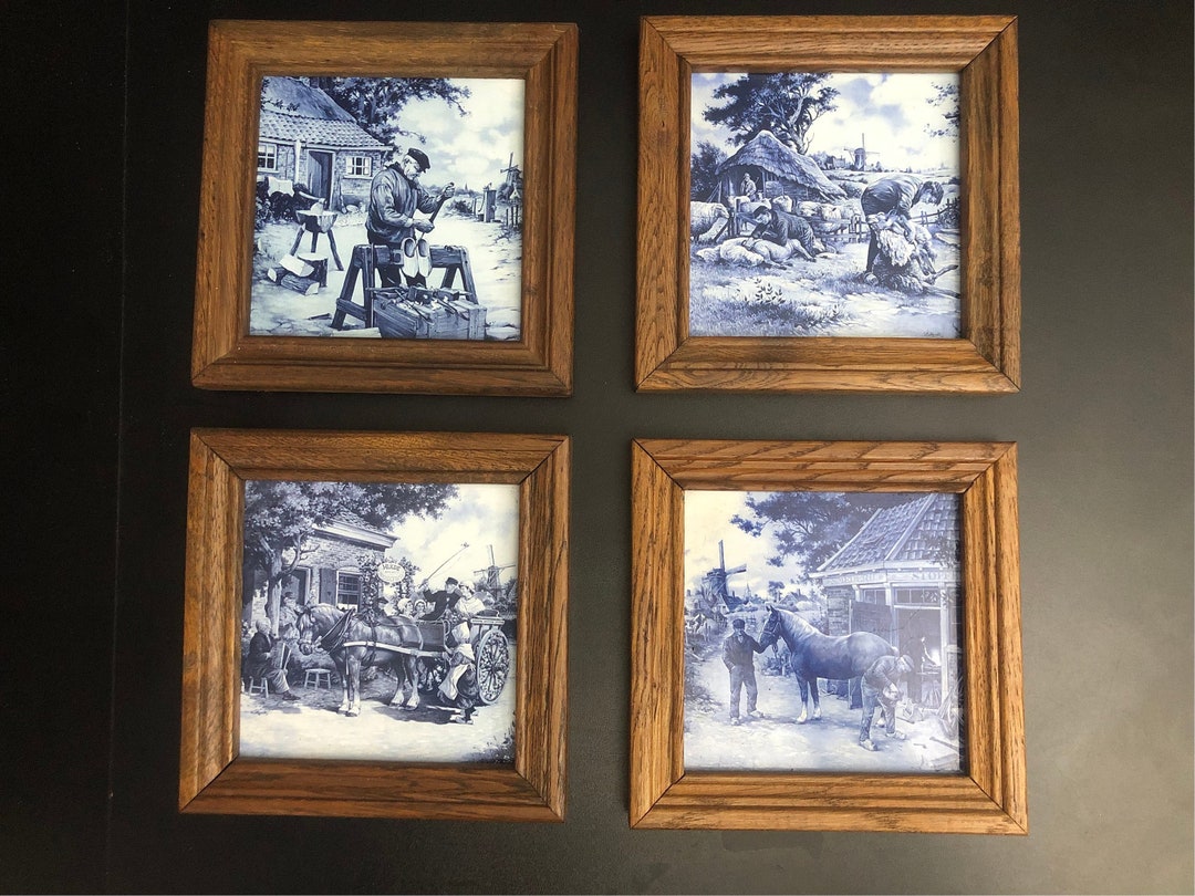 Four Vintage MOSA Tiles From Holland in Delft Blue in Oak Frame. - Etsy