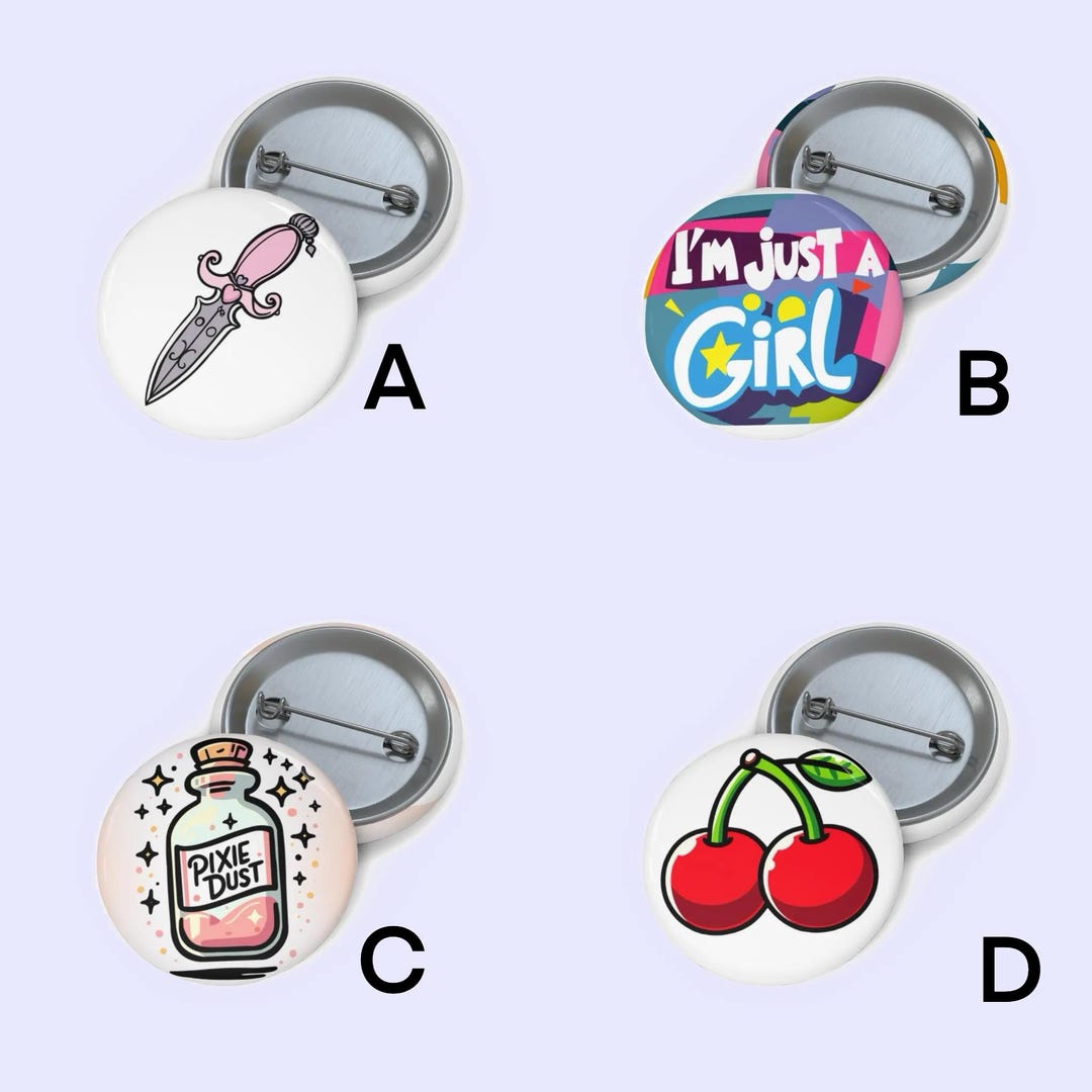 Edgy Cute Pin Badge Set – Pink Dagger, I'm Just a Girl, Cherry, Pixie ...
