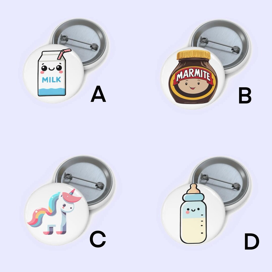 Cute Pin Badge Set – Milk Carton, Marmite Jar, Unicorn, Baby Bottle ...