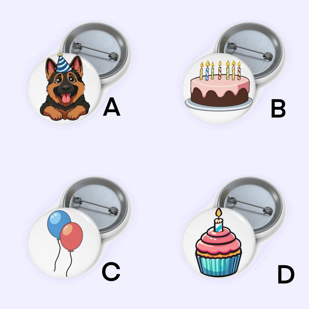 Birthday Celebration Pin Badge Bundle – Party Dog, Cupcake, Balloons ...