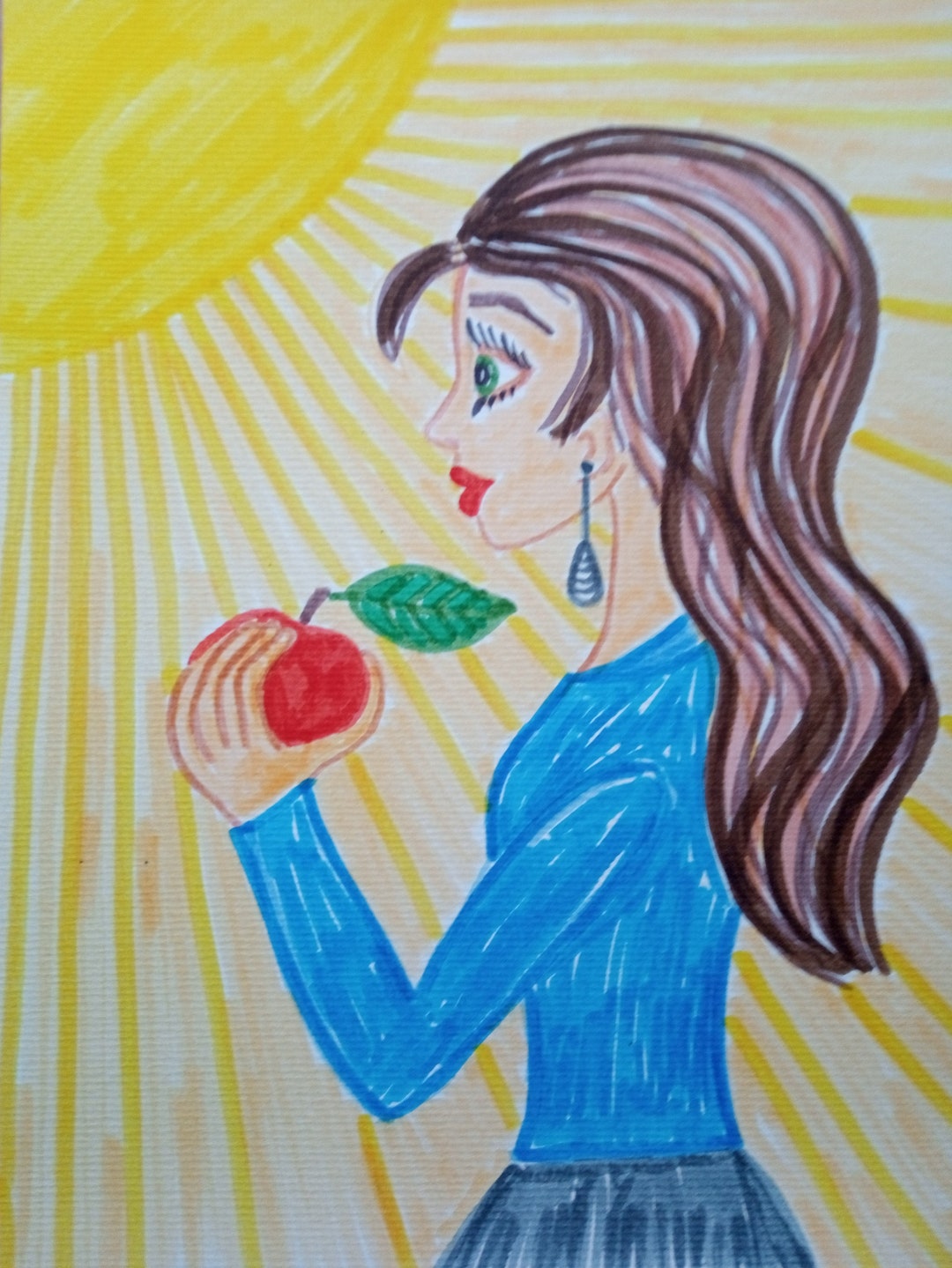 Girl Eating Apple Original Drawing - Etsy