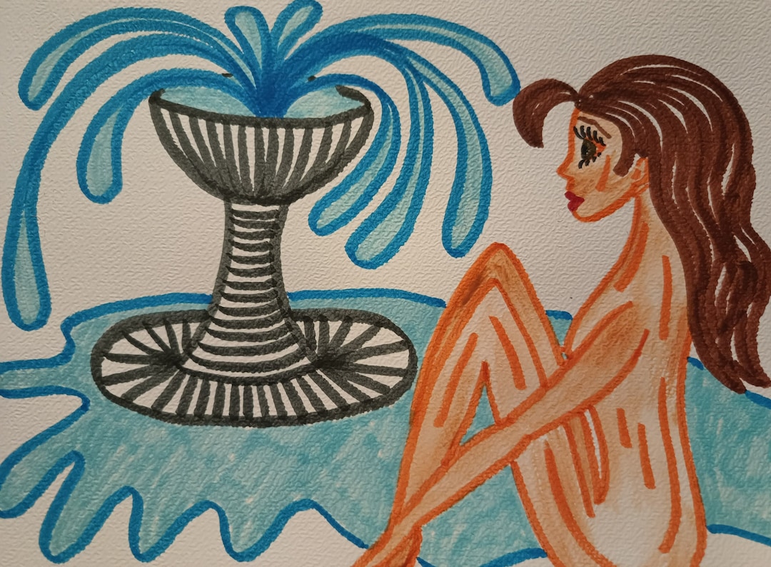 Drawing: A Lady Resting Next to a Water Fountain. Splash of Water ...