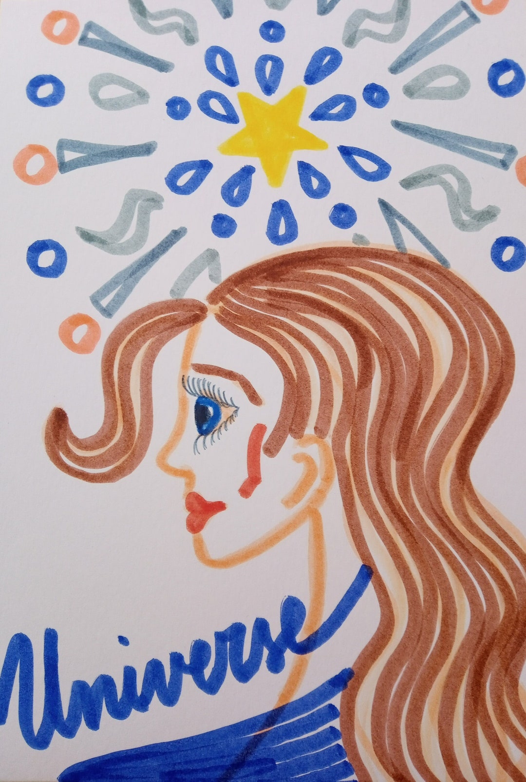 Universe. A Simple Drawing of a Lady's Face Under a Star, Which Shines ...