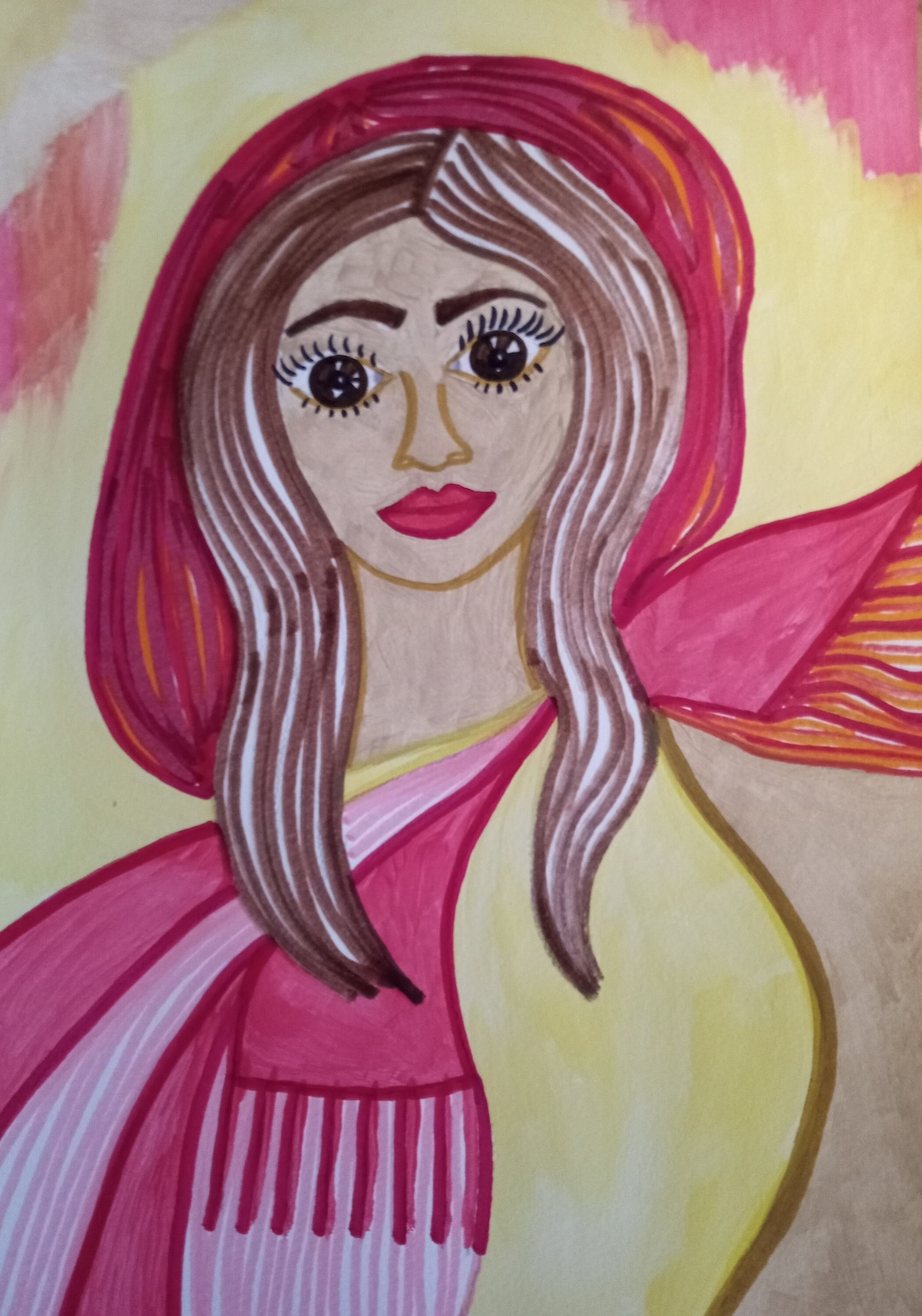 A Painting of a Naive Little Girl. Deep Dark Eyes Mark This Girl's Face ...