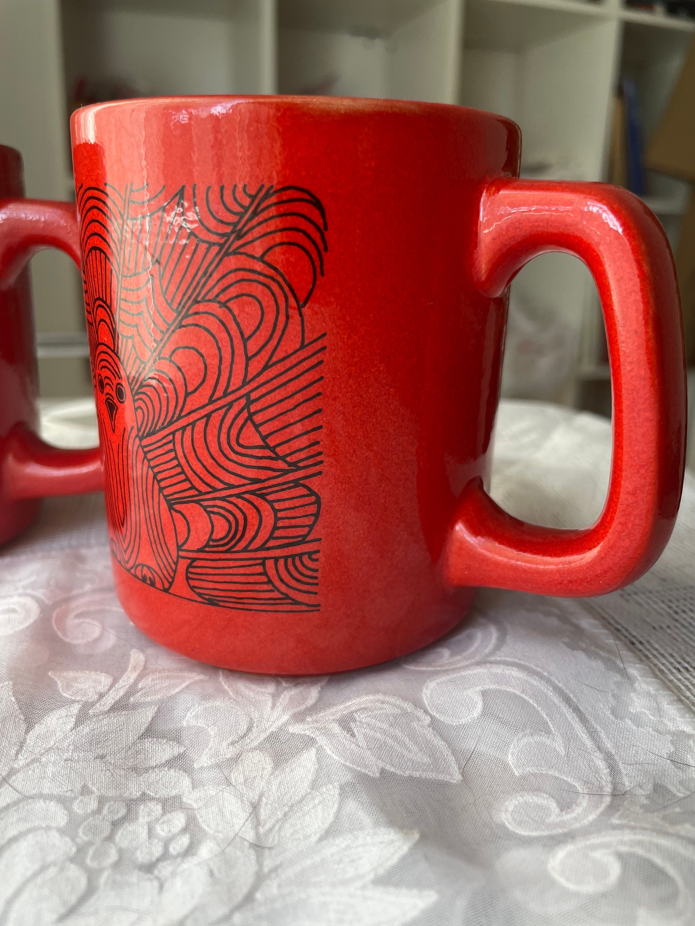 Vintage KIL 2 Red Mugs With Black Birds Beautiful and Unique Find - Etsy