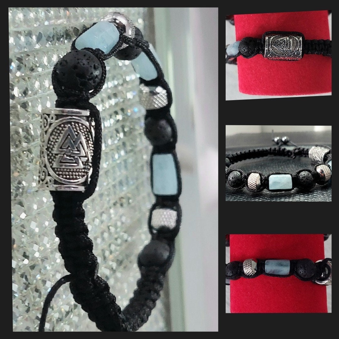 Valknut Rune Bracelet Viking Aquamarine Lava Natural Stone Custom Made ...