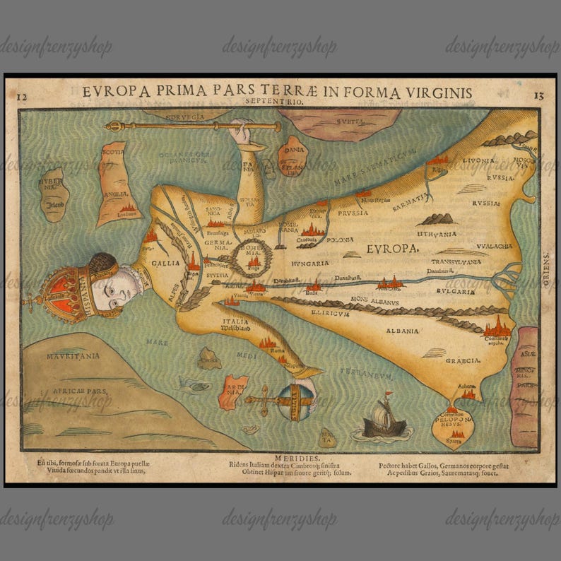 Anthropomorfic Map of Europe 1580 Wall Art Vintage Antique Historical ...