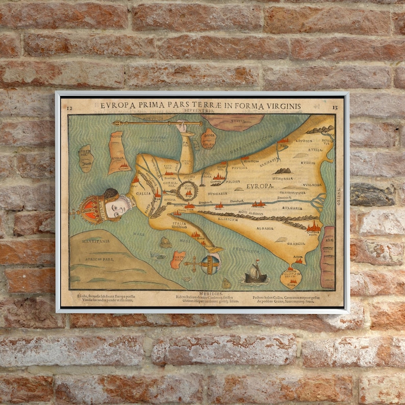 Anthropomorfic Map of Europe 1580 Wall Art Vintage Antique Historical ...