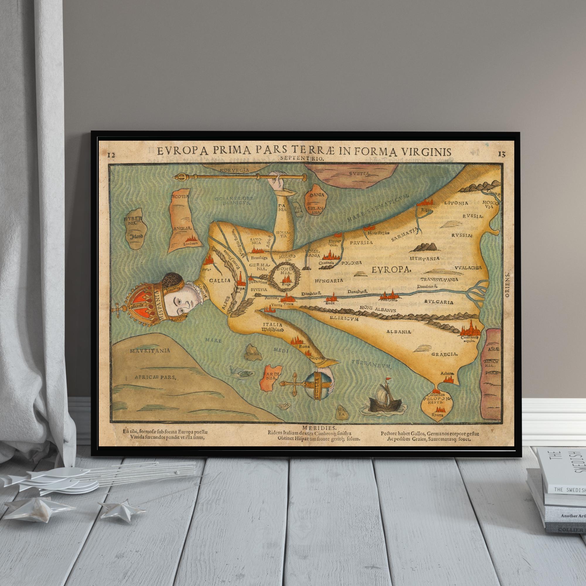 Anthropomorfic Map of Europe 1580 Wall Art Vintage Antique Historical ...