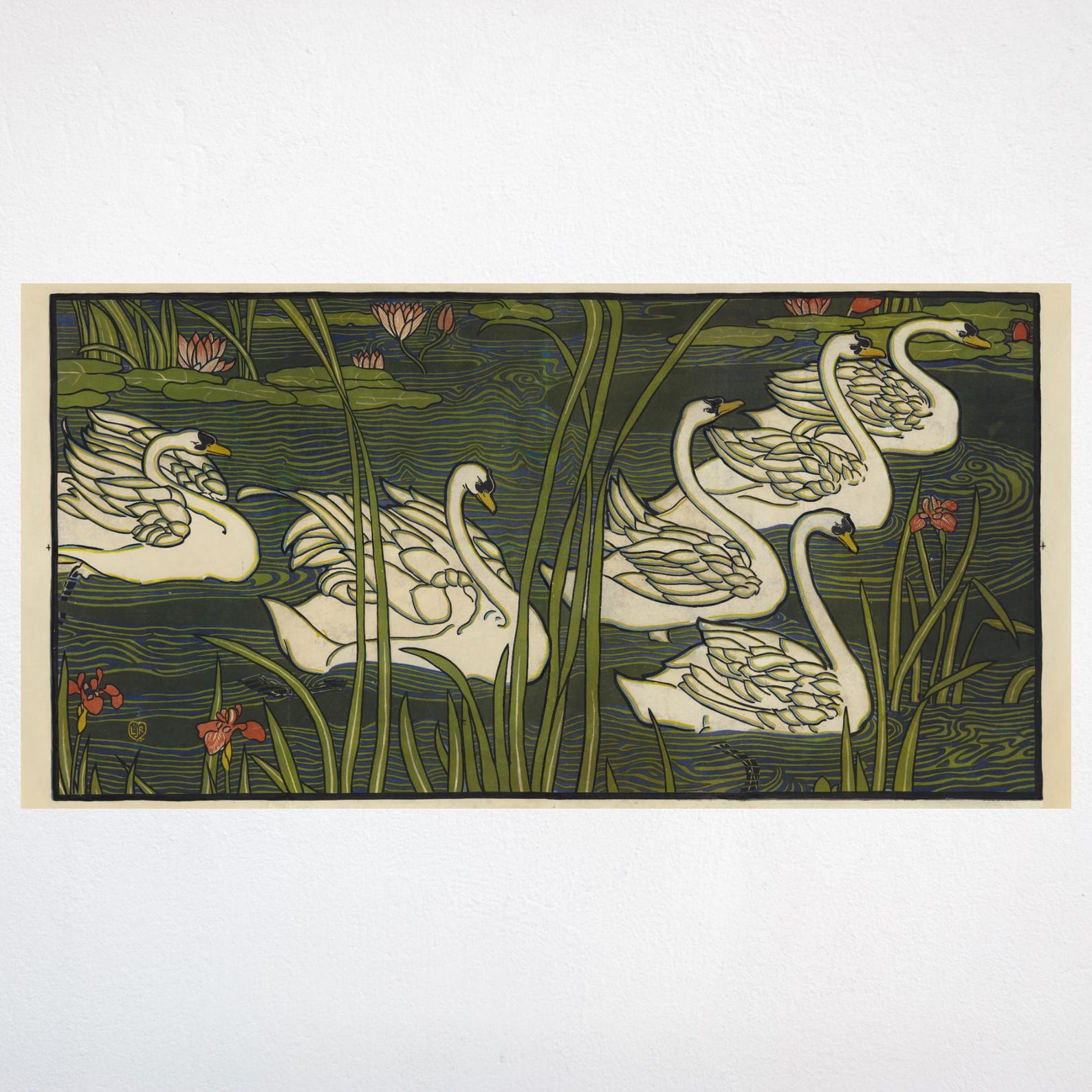 Swans Wall Art Nouveau Bohemian Large Artwork Vintage Green Nature Pond ...